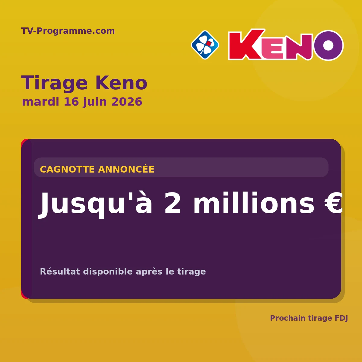 Tirage Keno du Mardi 16 juin 2026 : cagnotte Jusqu'à 2 millions