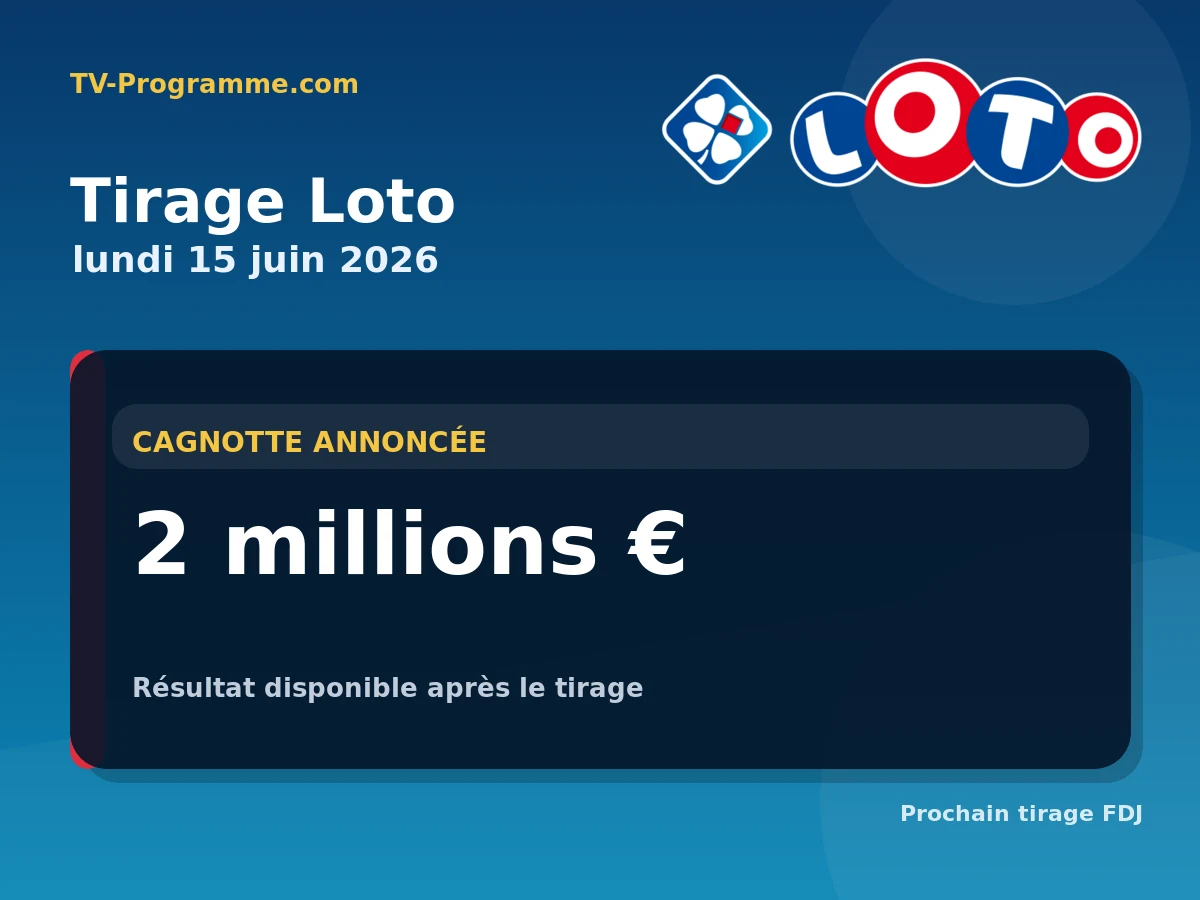 Tirage Loto du Lundi 15 juin 2026 : cagnotte 2 millions